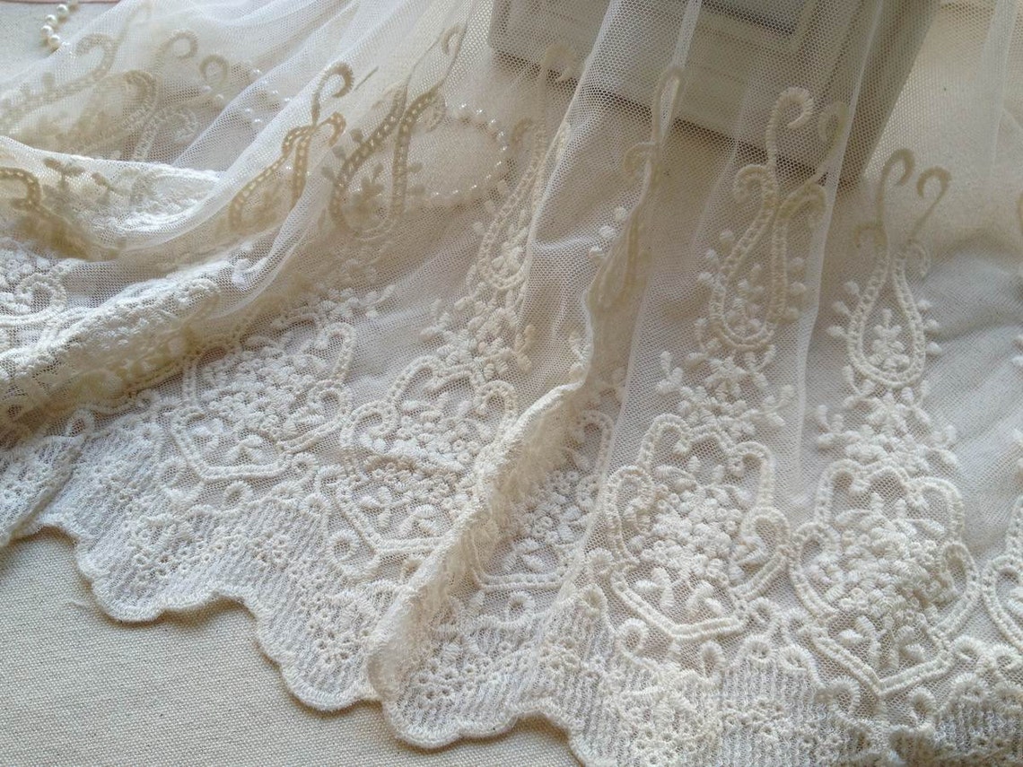 Cotton Embroidery Mesh Lace Fabric in Beige With Retro Design - Etsy