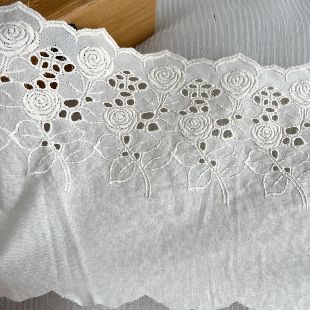 Delicate Rose Embroidery Eyelets Cotton Lace Trim in Beige, Scallop ...