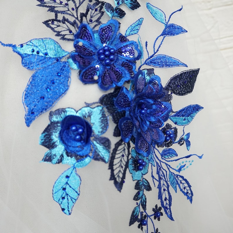 Royal Blue Applique Beaded Lace Applique 3D Bridal Lace | Etsy