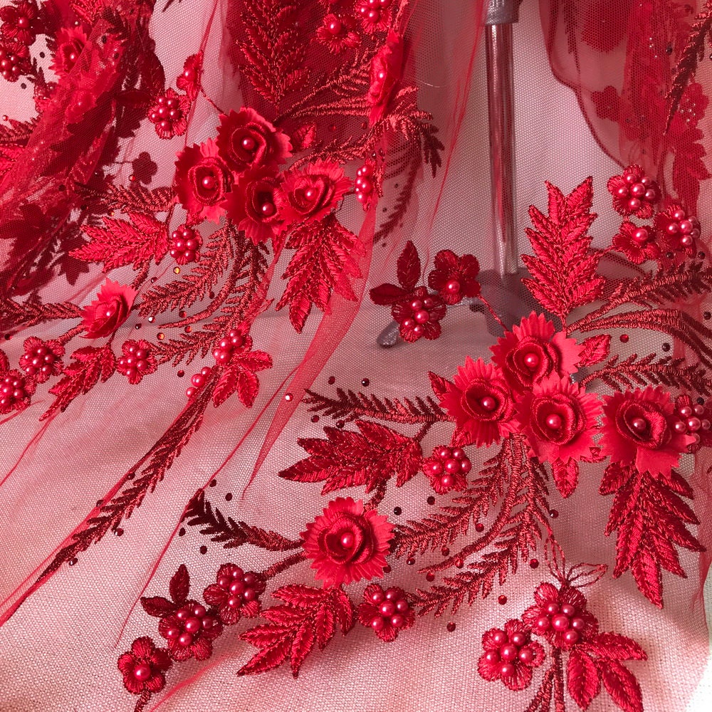 Red 3D Flower Lace Appliques Pearls Beaded Applique Fabric | Etsy