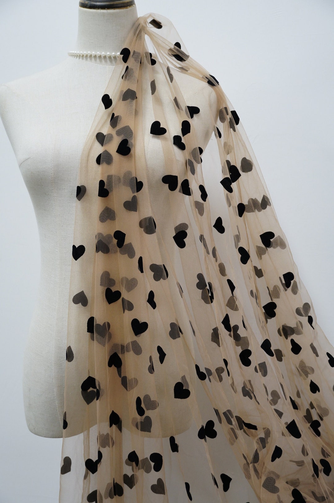 Love Heart Flocking Dress Soft Lace Fabric in Brown Tulle, Black Sweet ...