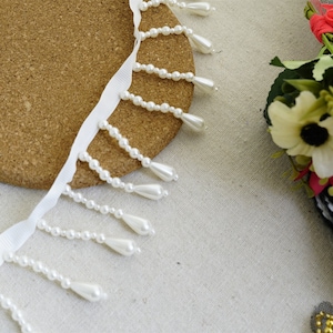 Dangling Ivory Pearls Beaded Trim, Tassel Trim With Ribbon, Water ...