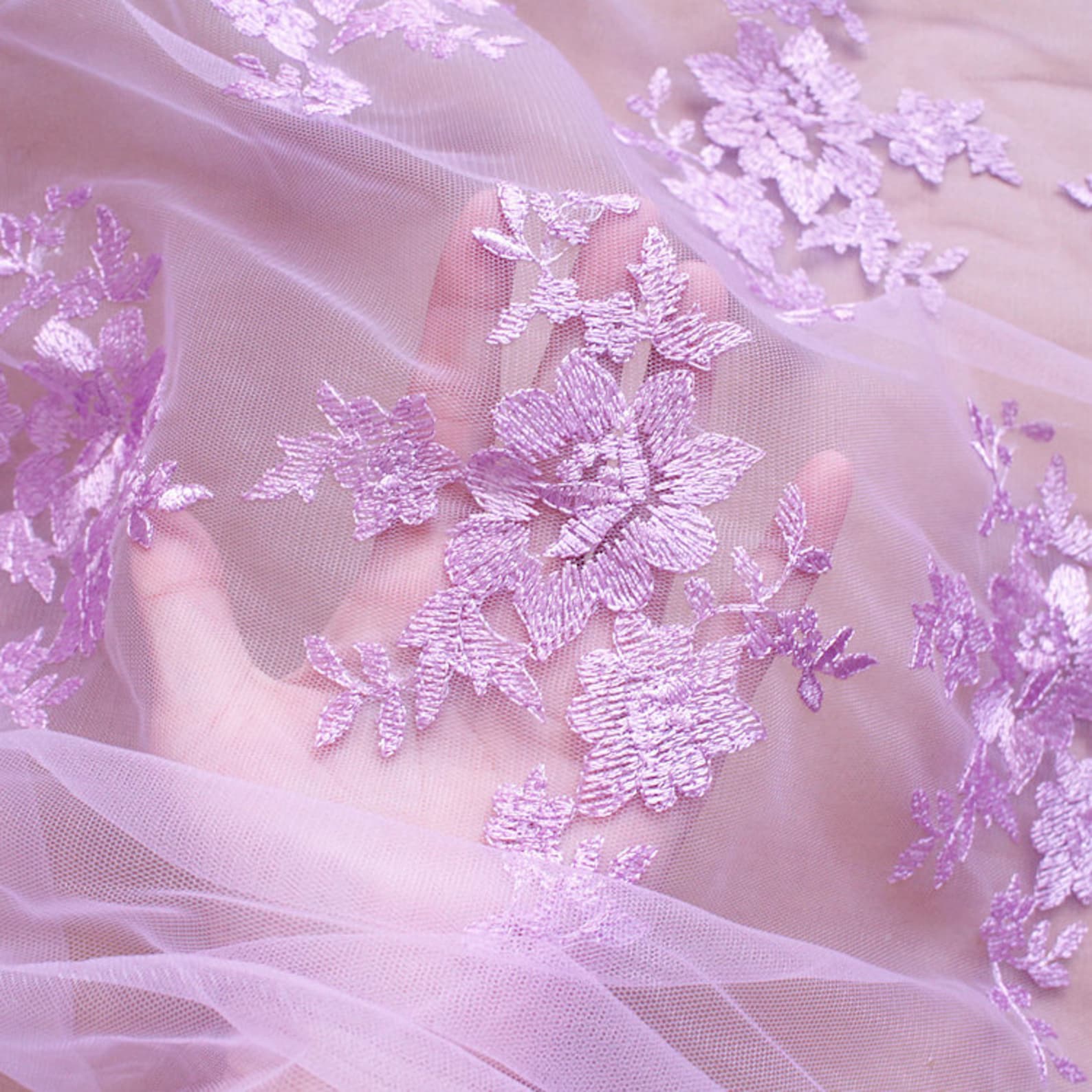 Purple Bridal Lace Fabric, Flroal Embroidery Lace Fabric, Gauze Tulle ...