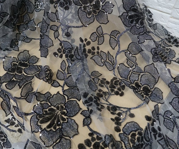 Black Flowers Embroidery Overlay Lace Fabric Shinny Threads - Etsy