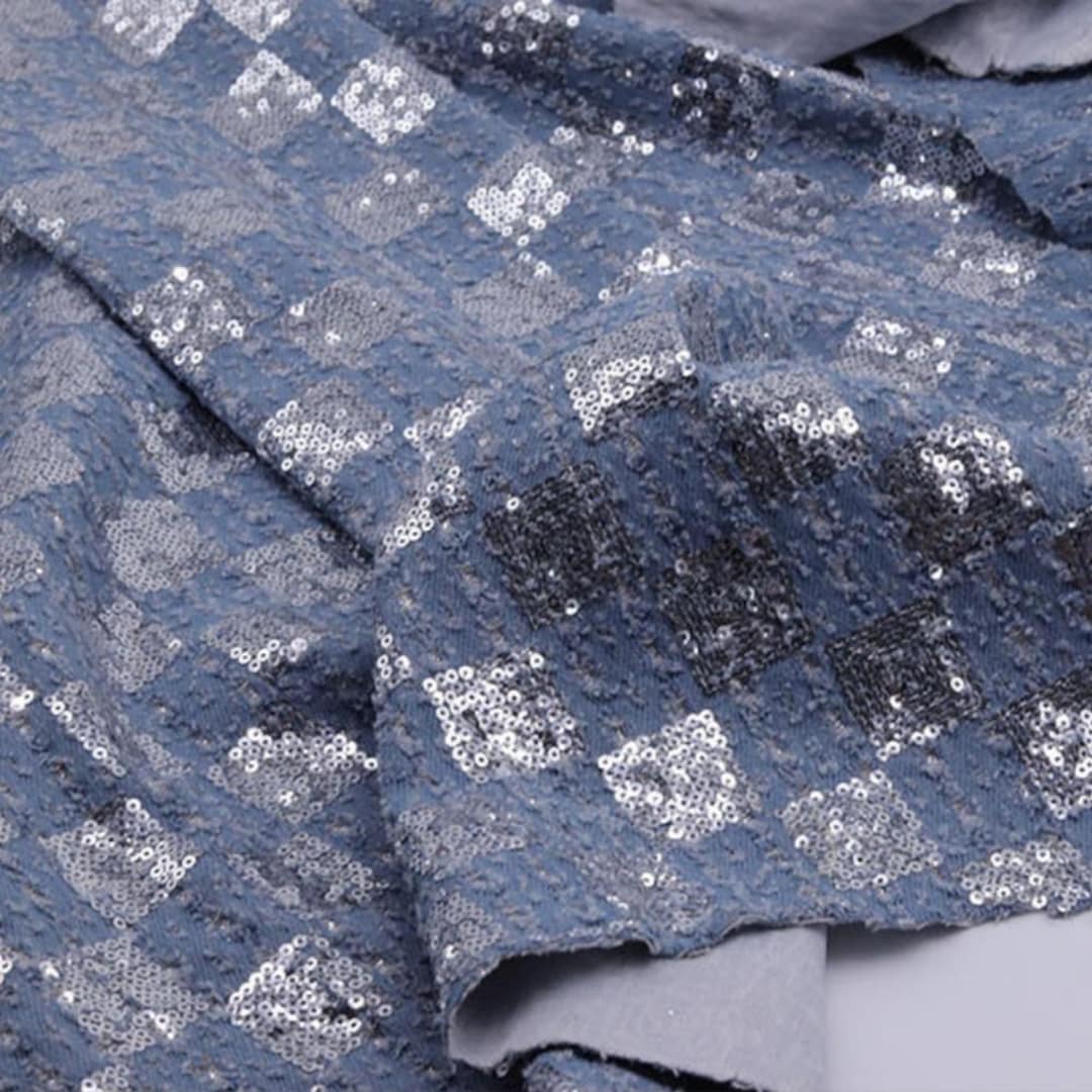 Checkered Cotton Denim Fabric, Shimmering Sequins Embroidery Venice ...