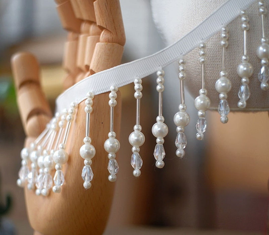 Dangling Ivory White Pearls Beaded Trim, Tassel Trim, Acrylic Beads ...
