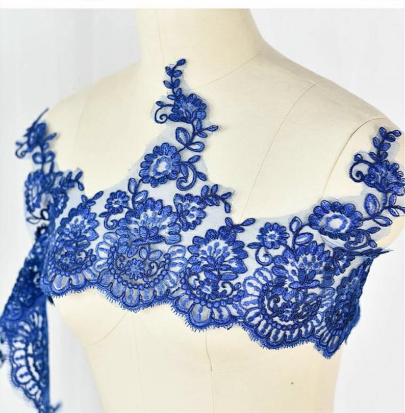 Alencon Lace Trim, Royal Blue Trim, Corded Embroidery Flower Lace ...