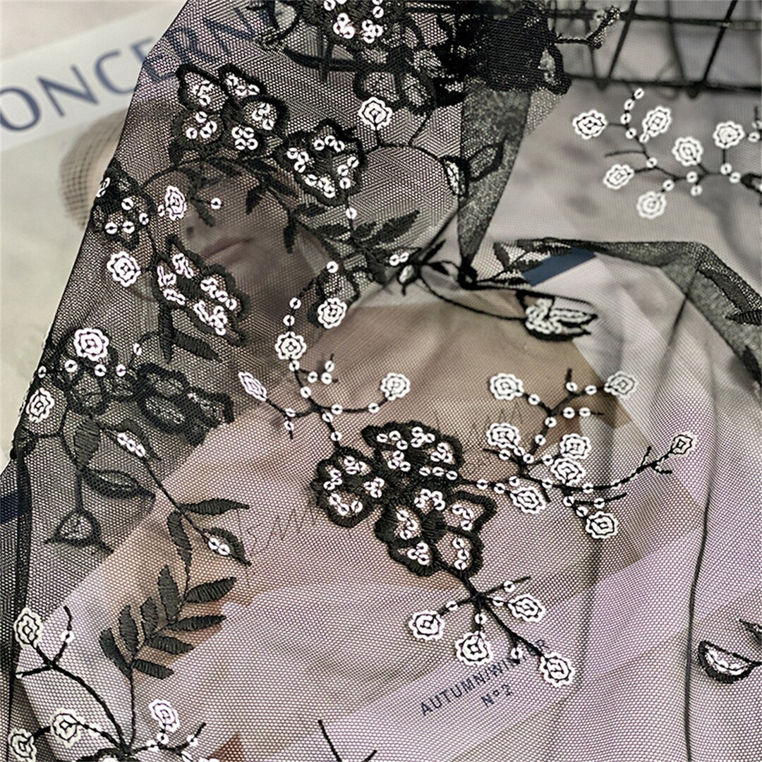 White Sequin Embroidery Mesh Fabric, Blossom Flowers Lace for Evening ...
