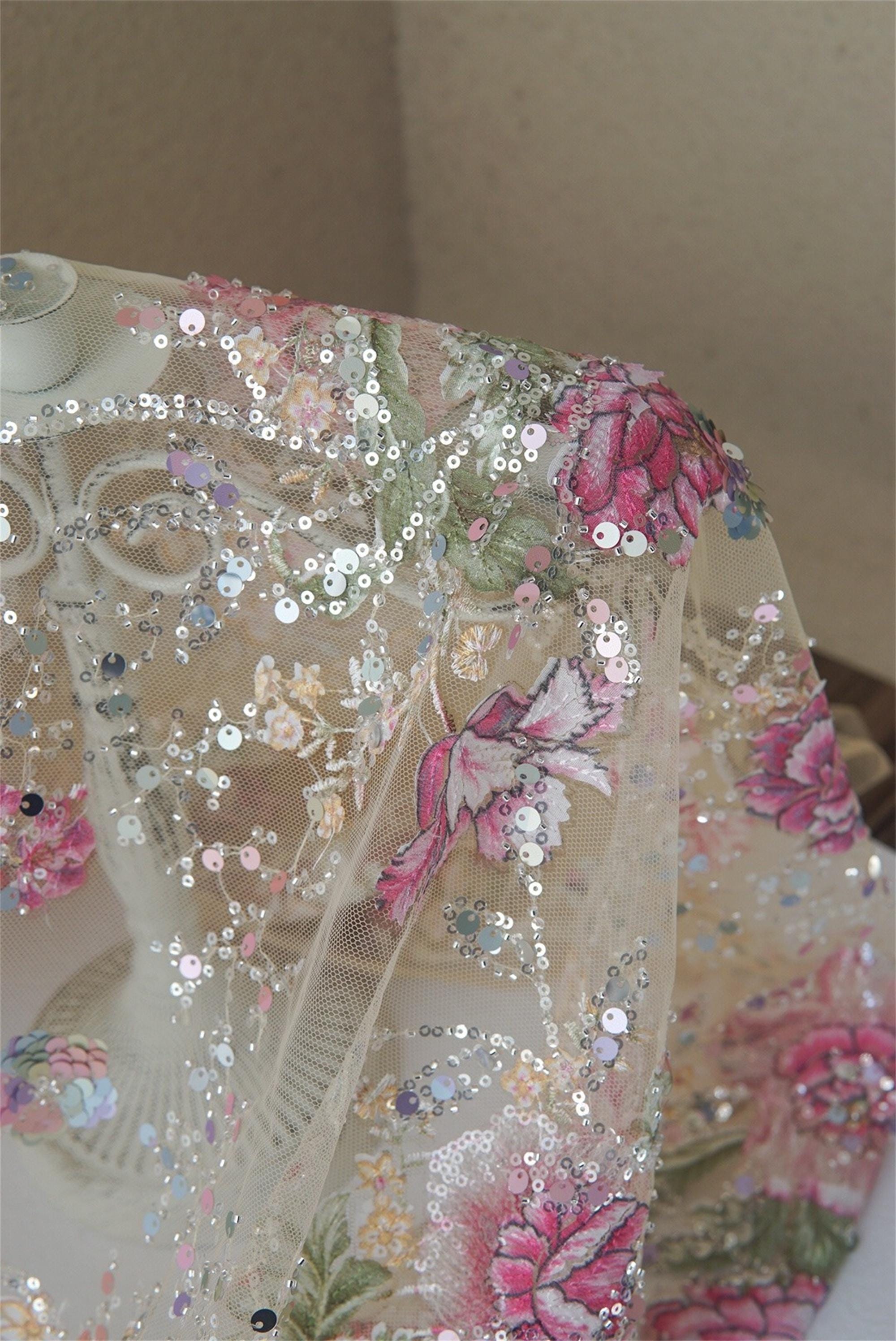 Embroidery Pink Lotus Lace Fabric, Sequins Beaded Applique Flower for ...