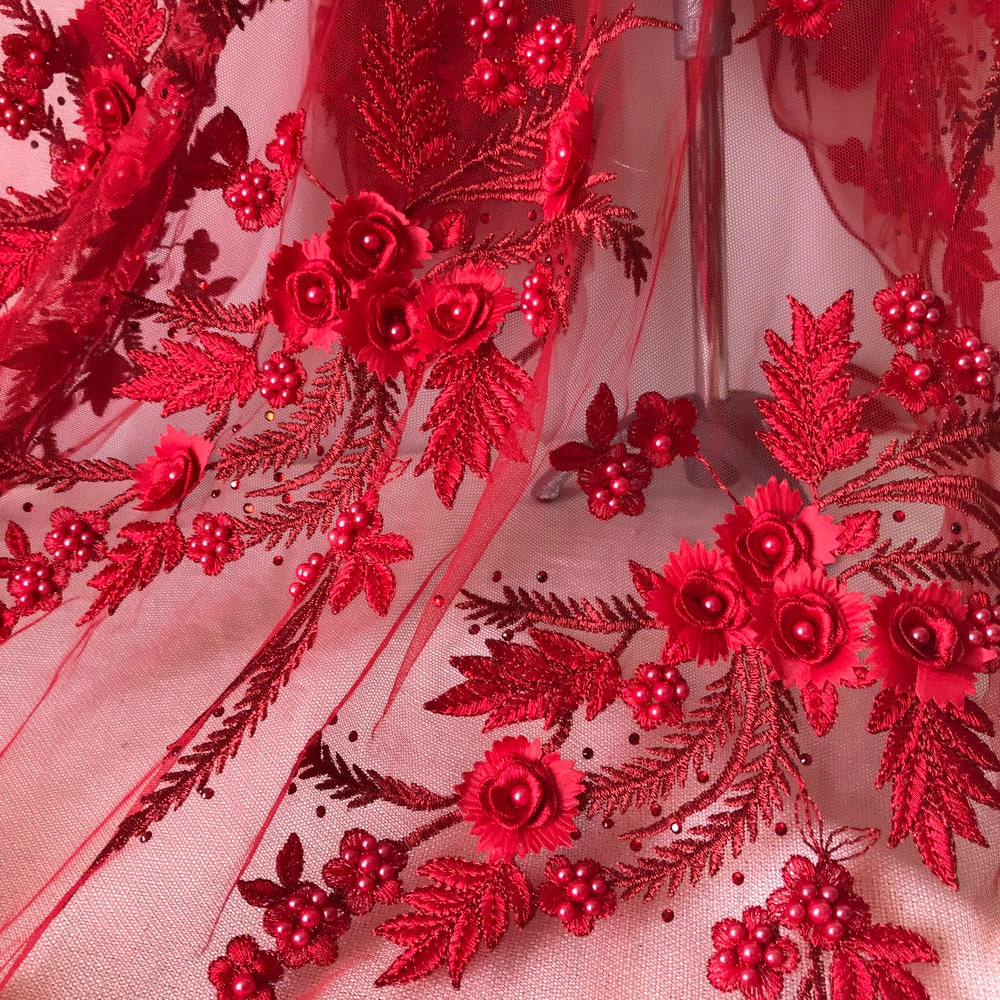 Red 3D Flower Lace Appliques Pearls Beaded Applique Fabric - Etsy
