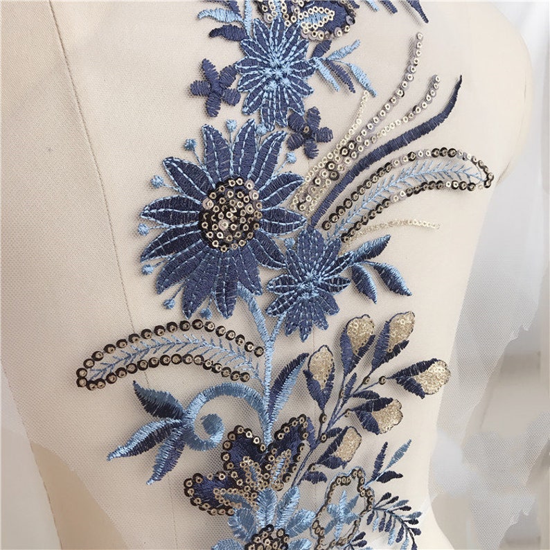 Navy Blue Embroidery Flower Lace Applique Pair Black Sequins - Etsy