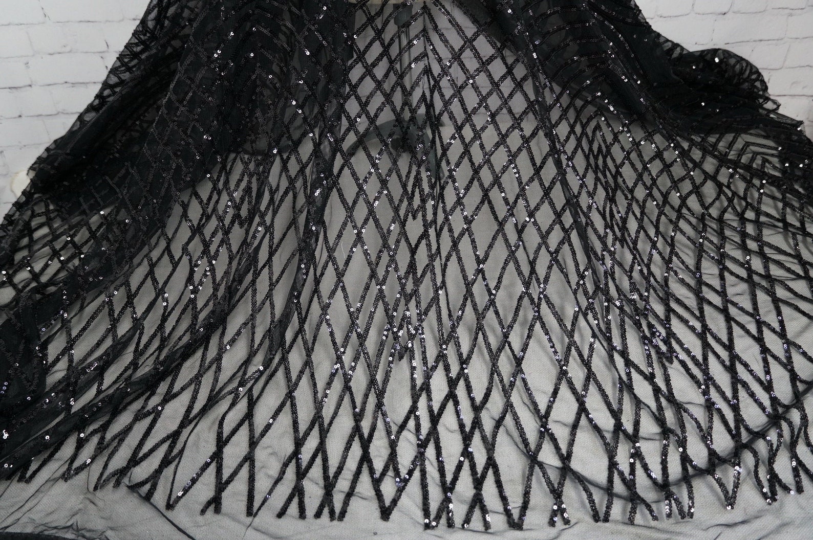 Black Luxury Sequined Embroidery Lace, Diamond Grid Netting, Draped ...