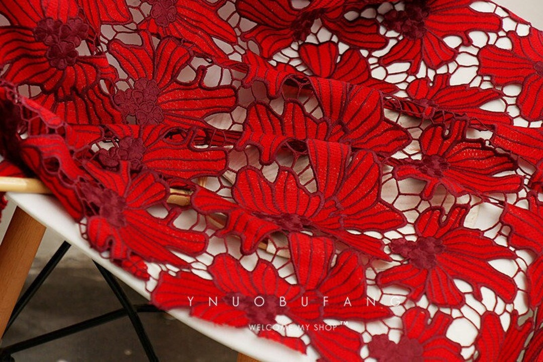 2 Tones Red Guipure Lace Fabric, Crochet Embroidery Lace Fabric for ...