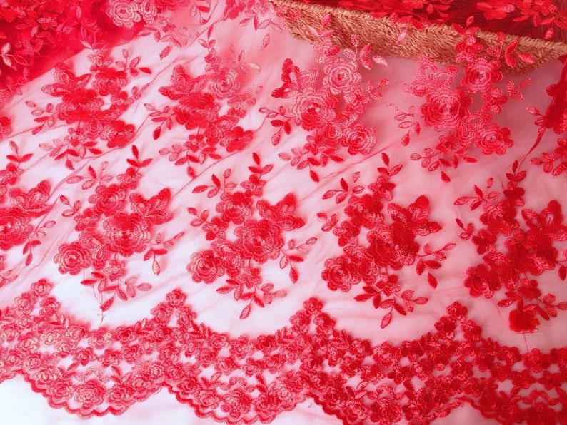 Red lace fabric red floral scalloped lace fabric wedding | Etsy