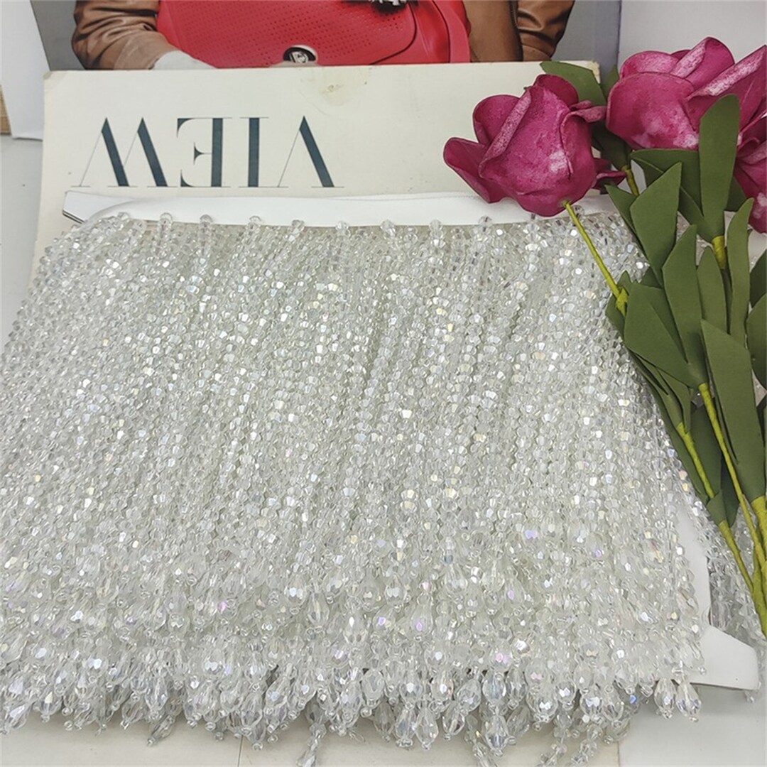 Dangling Clear Crystal Beaded Trim, Tassel Lace Trim, Long Fringe Trim ...