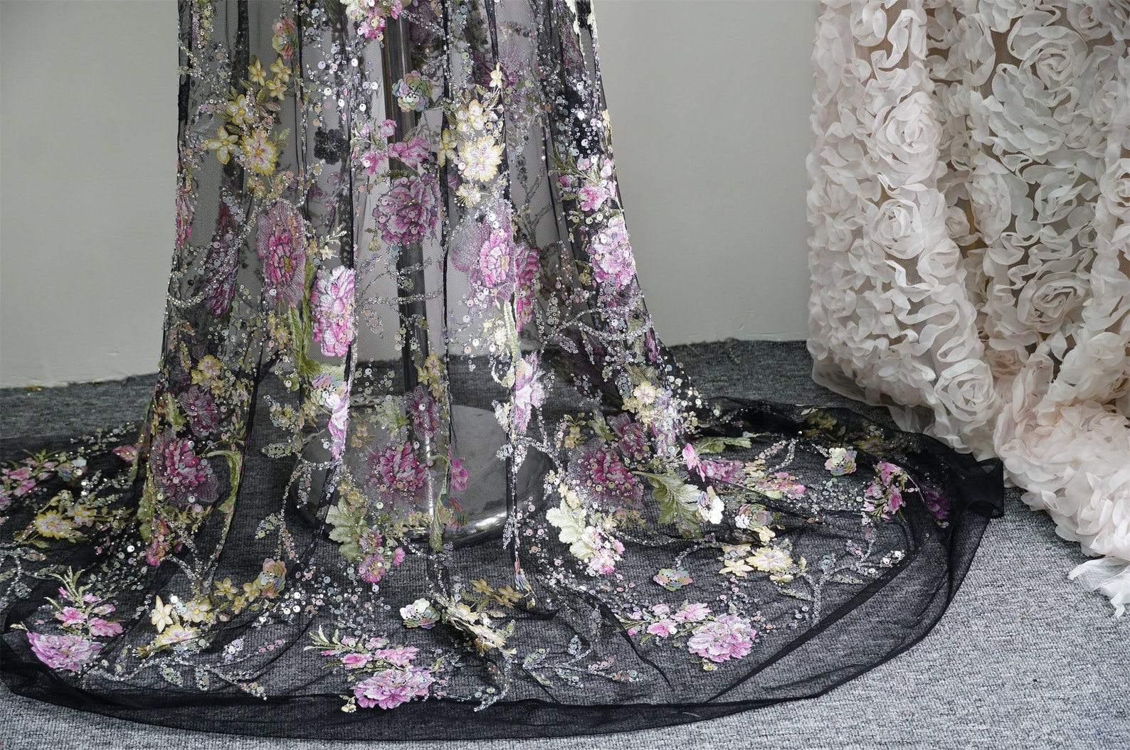 Embroidery Colorful Heavily Sequined Lotus Lace Fabric, Beaded Blossom ...
