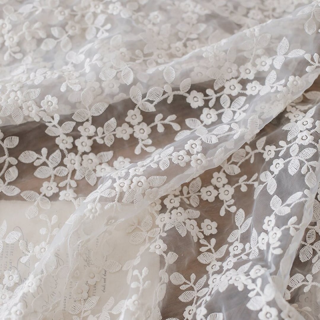 Cotton Floral Embroidered Organza Lace Fabric in Beige, Bridal Veil ...