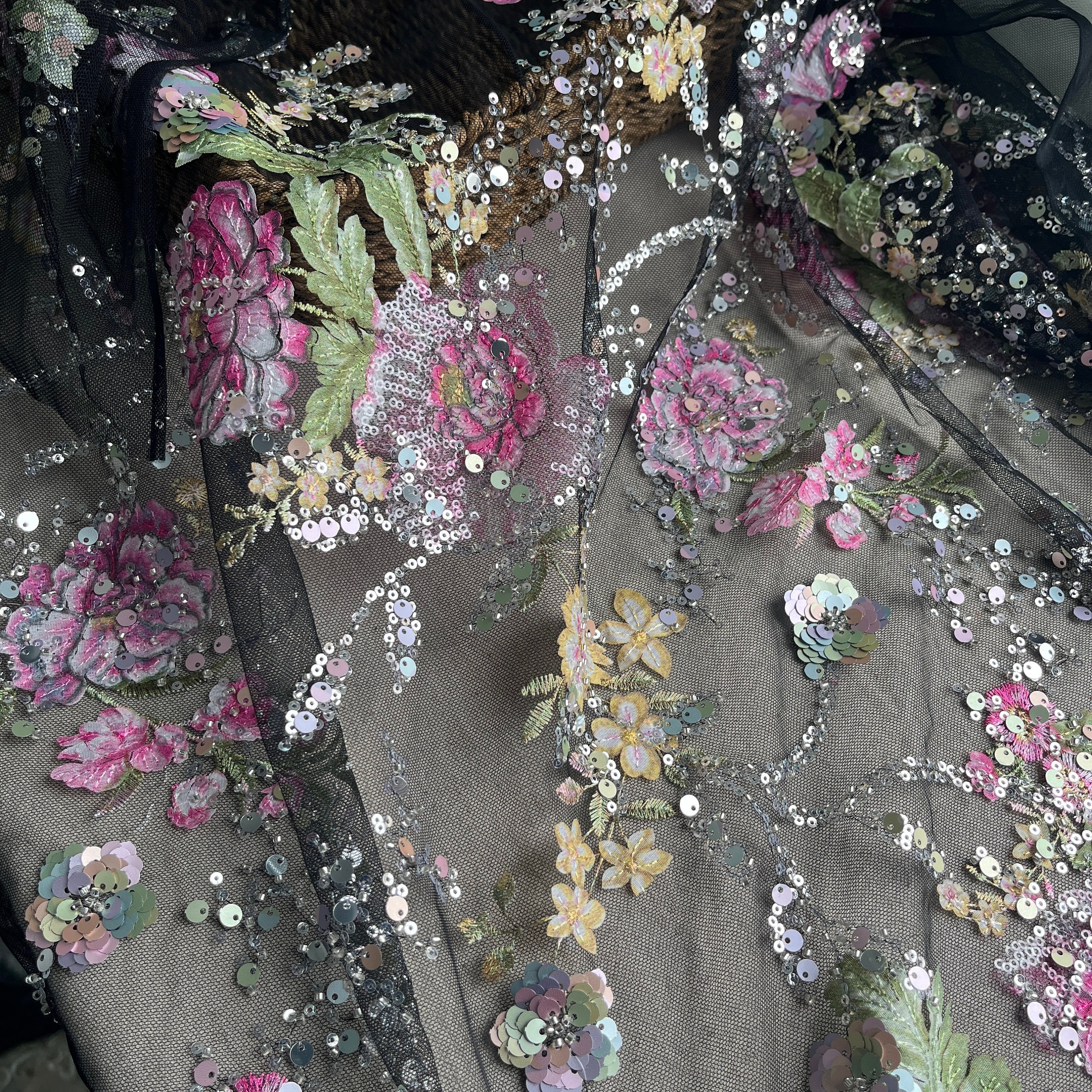 Embroidery Colorful Heavily Sequined Lotus Lace Fabric, Beaded Blossom ...