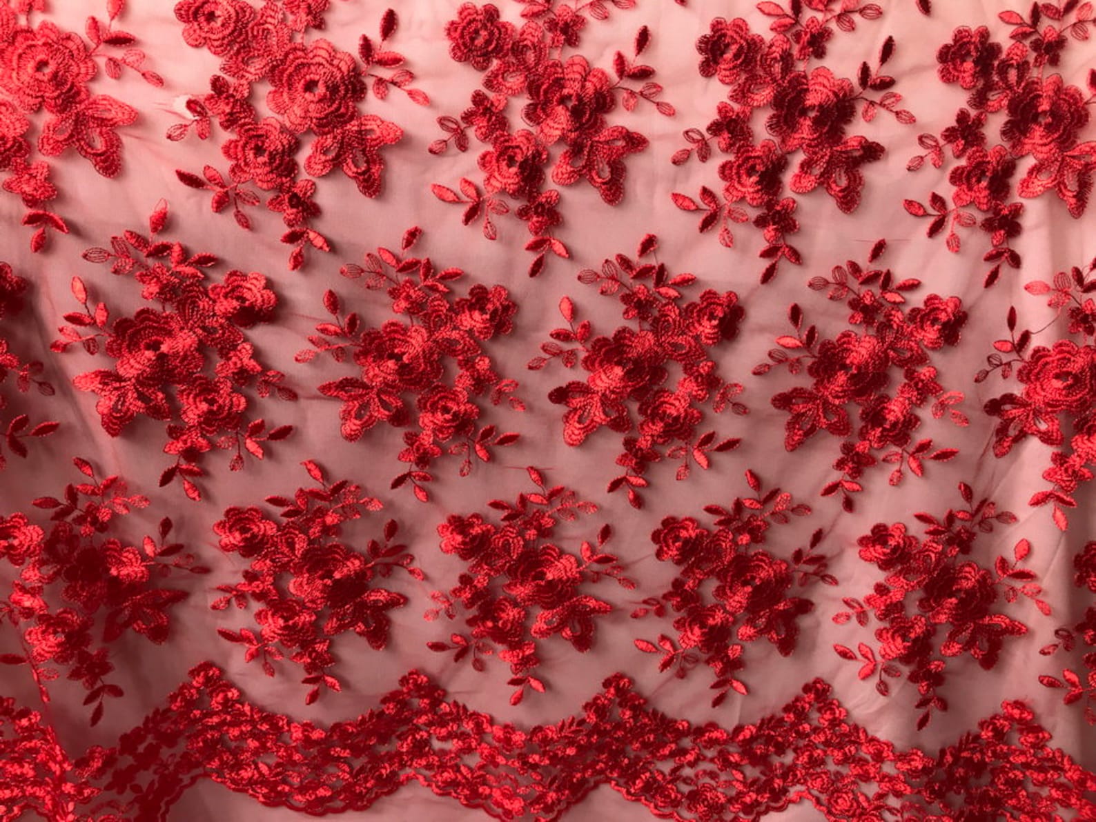 Red Lace Fabric Red Floral Scalloped Lace Fabric Wedding - Etsy