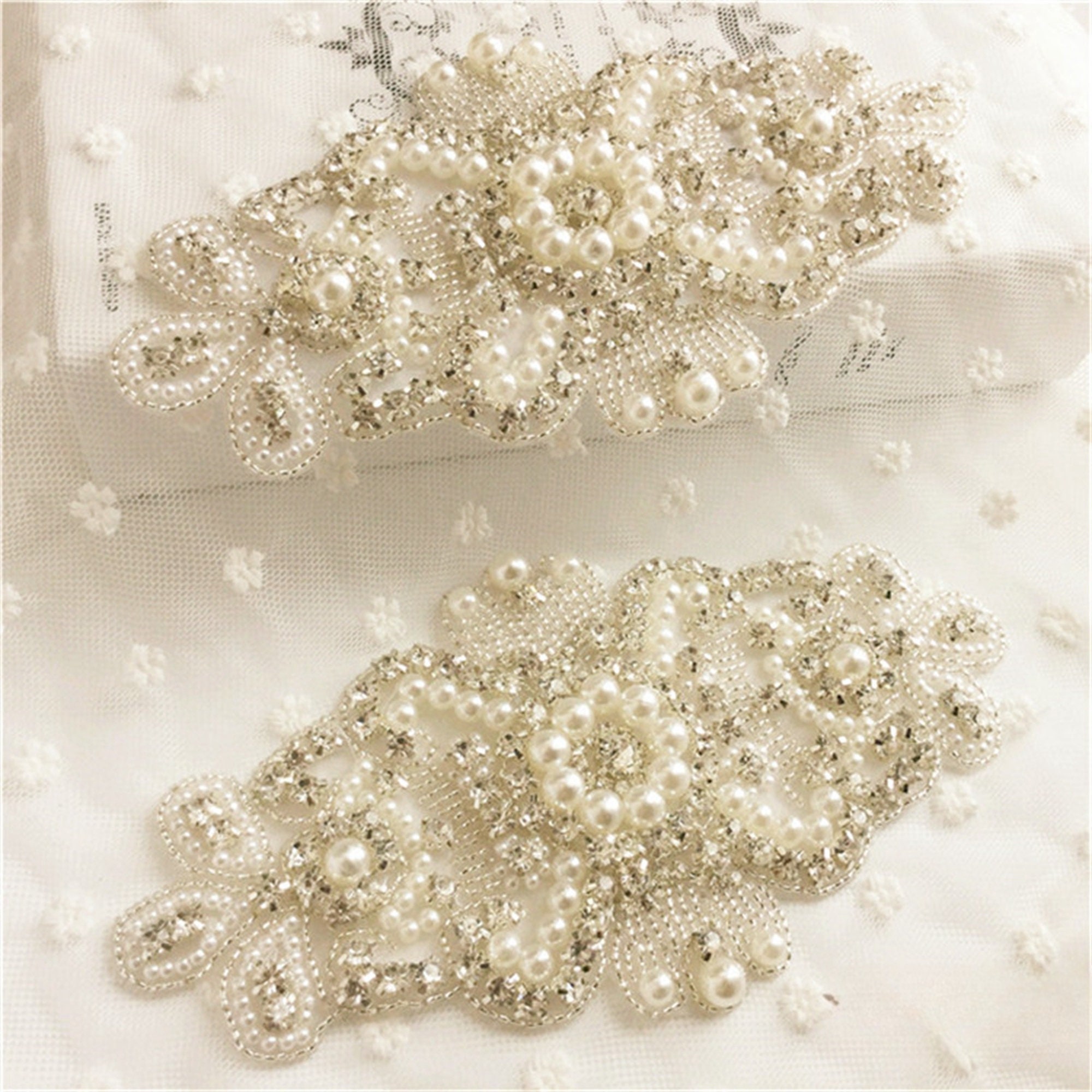 Ivory Beading Bridal Applique, Shinny Rhinestones With Faux Pearls ...