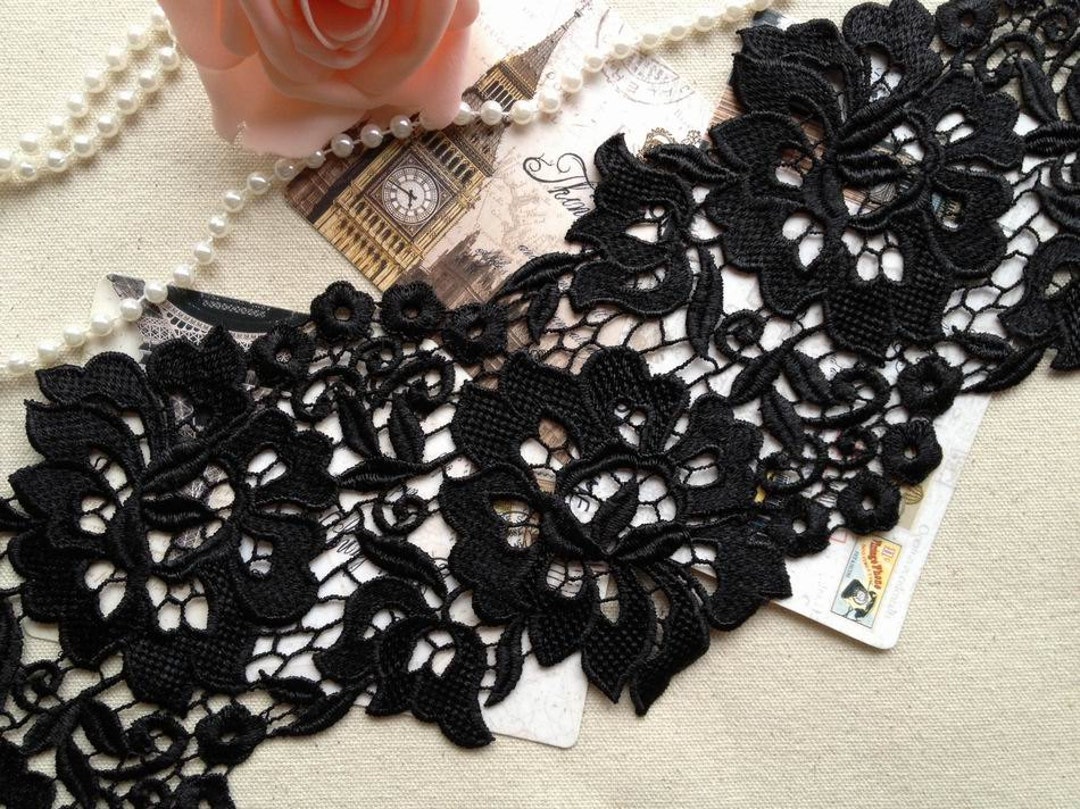 Black Venice Embroidery Rose Lace Trim for Bridal, Black Dress, Altered ...