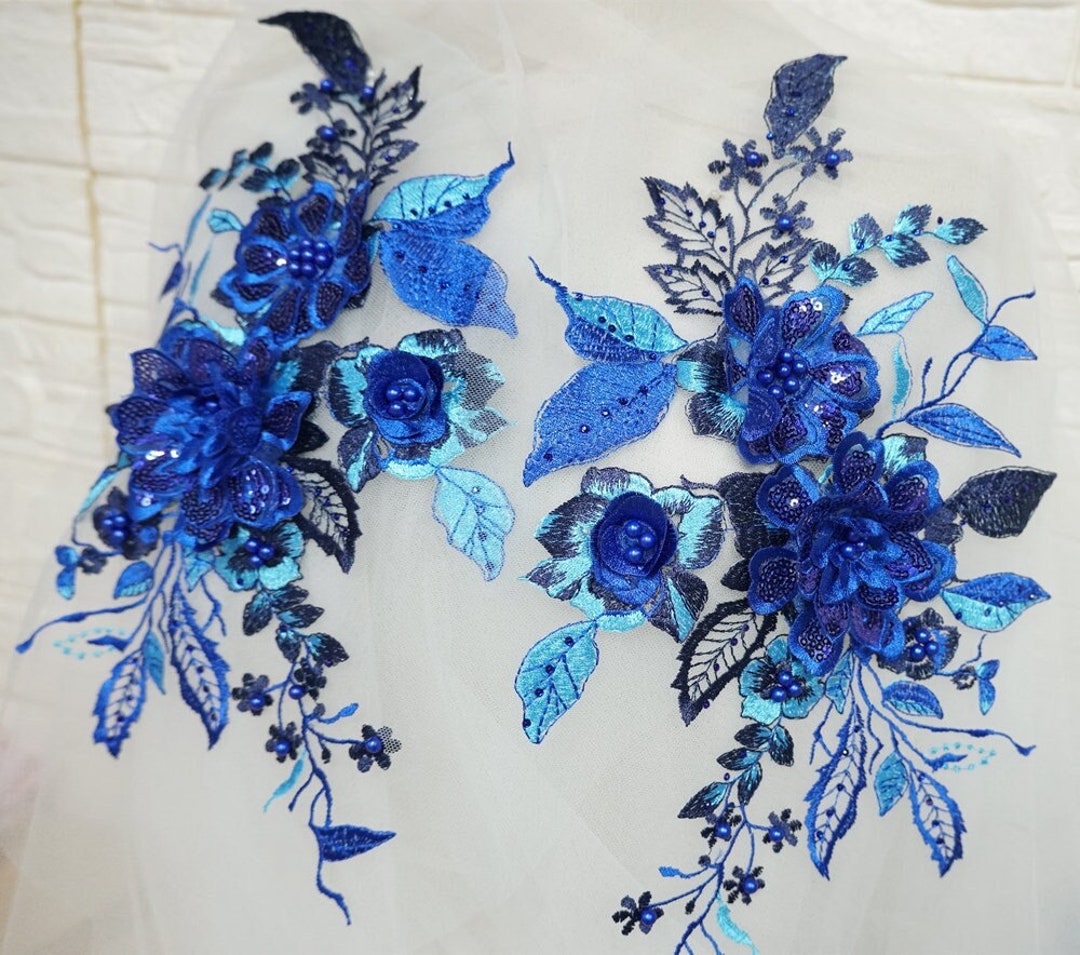 Royal Blue Applique, Beaded Lace Applique, 3D Bridal Lace Applique ...