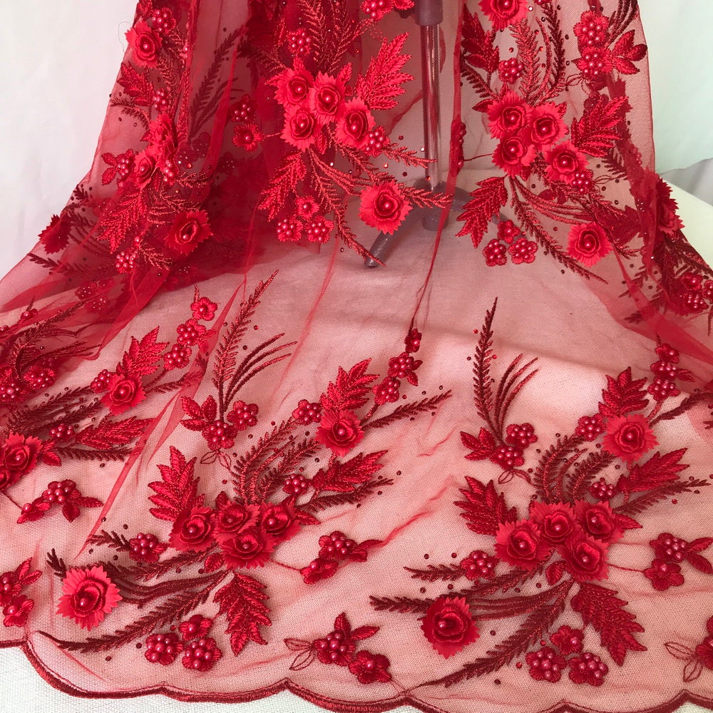 Red 3D Flower Lace Appliques Pearls Beaded Applique Fabric | Etsy