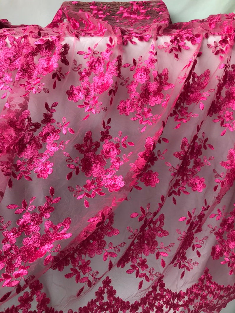 Hot Pink Floral Lace Fabric With Scallops Edge for Wedding Gown ...
