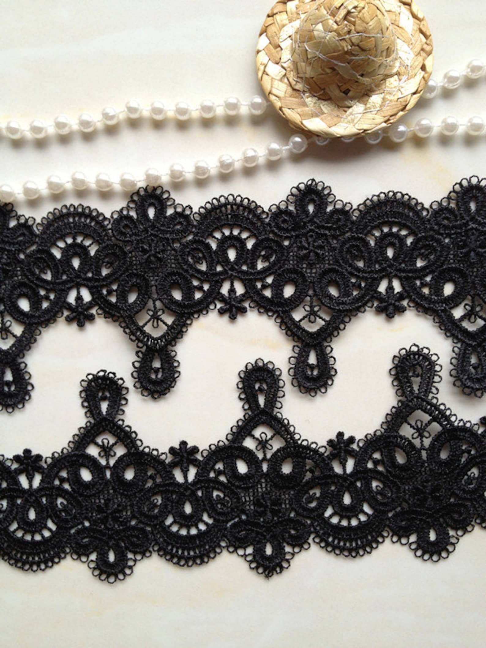 Black Venice Lace Trim, Retro Rococo Lace, Black Bridal Lace, Crochet ...