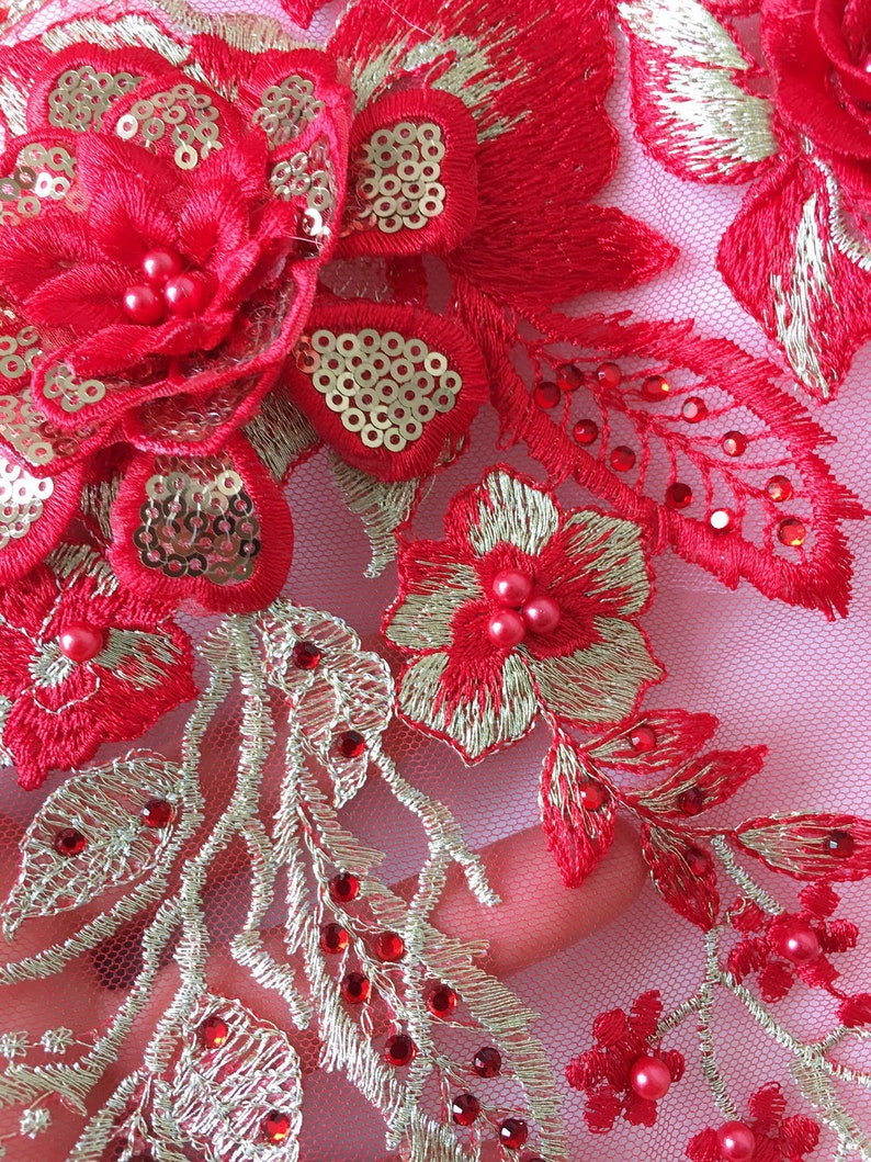 Dark red lace Beaded lace applique Rhinestone and Sequins | Etsy