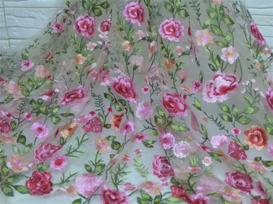 Colorful Flowers Embroidery Overlay Tulle Lace Fabric in Light Beige ...