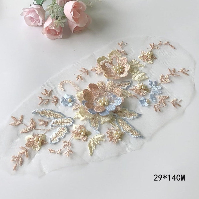 Chic 3D Floral Bodice Lace Applique, Pink + Blue Flowers Patch, Pearls ...