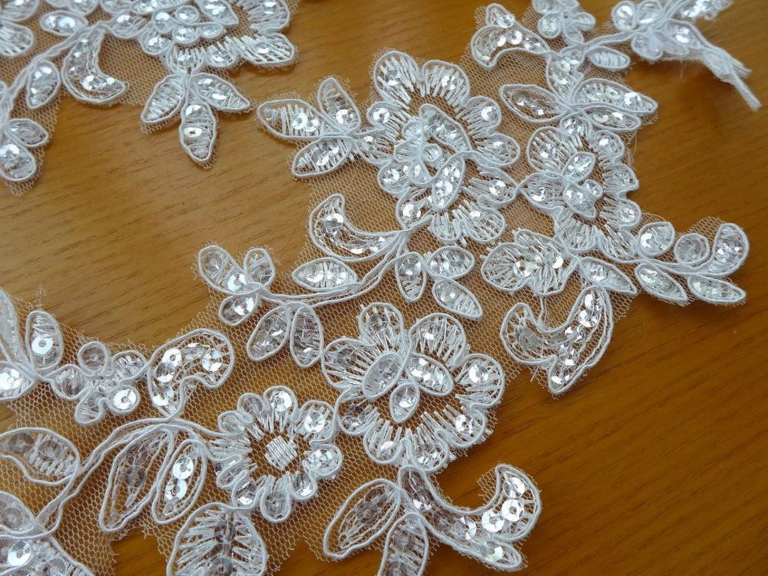 Ivory Sequins Trim Floral Appliqué Pair for Bridal Gown, Dress, Belt ...