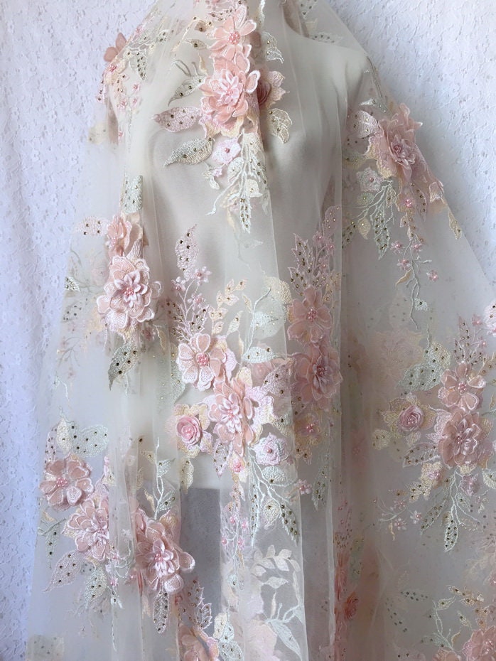 3D flower fabric Pastel flower lace dress fabric beaded | Etsy