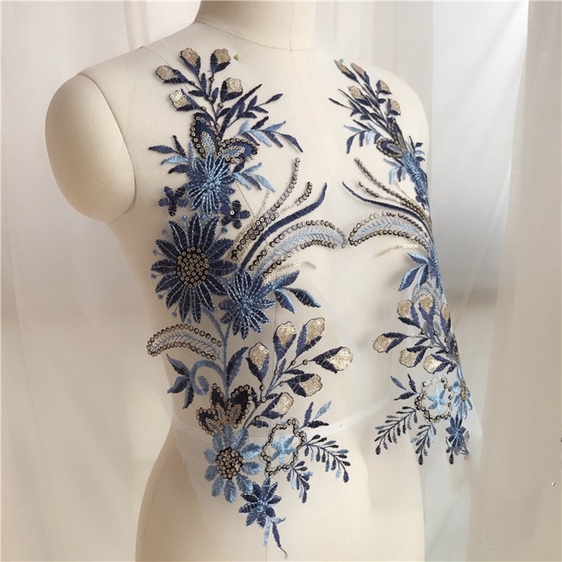 Navy Blue Embroidery Flower Lace Applique Pair Black Sequins | Etsy