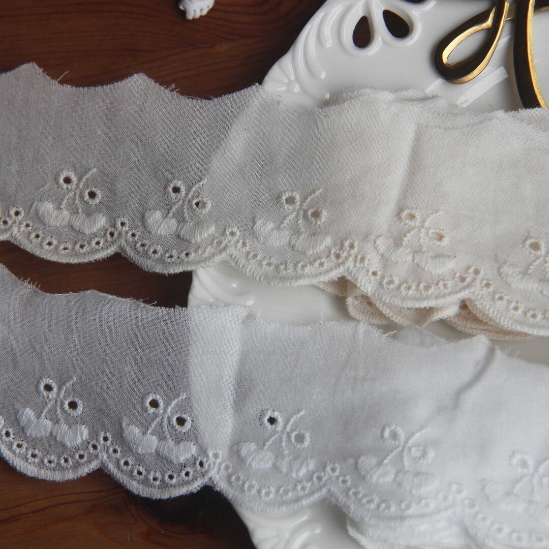 Cute Cherry Embroidery Cotton Lace Trim, Eyelets Scallop Border Trim ...