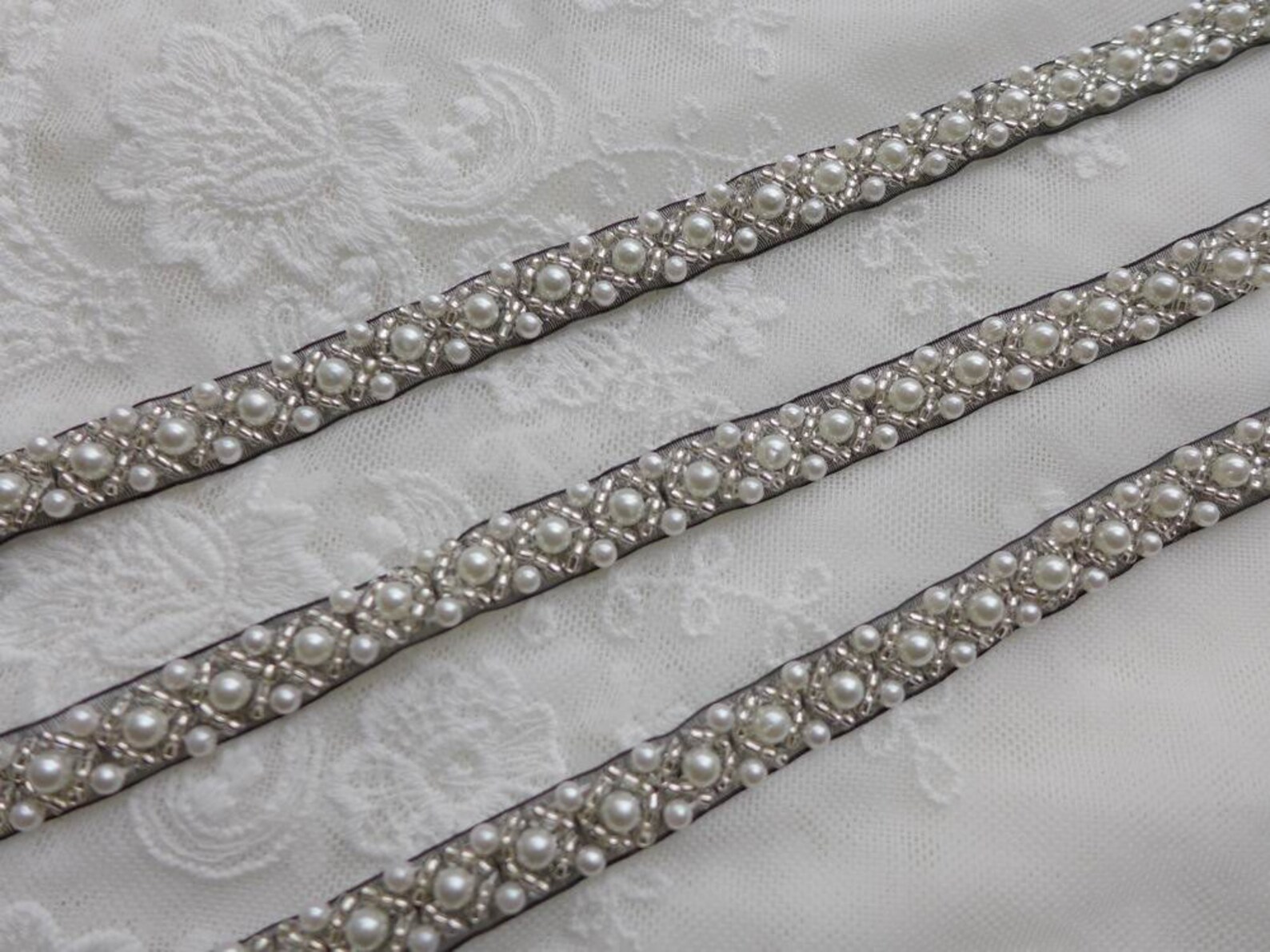 Ivory Pearl Trim Black Ribbon Trim Pretty Beaded Lace Trim - Etsy