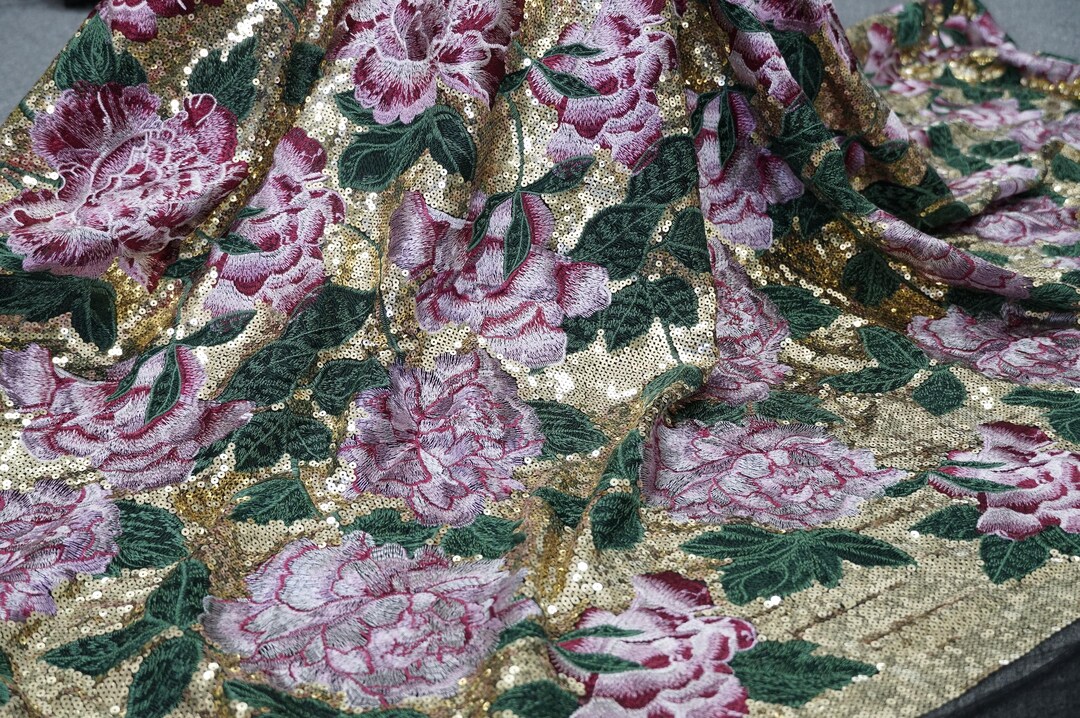 Luxury Sequins Embroidered Lace Fabric, Ombre Pink Flowers With Green ...