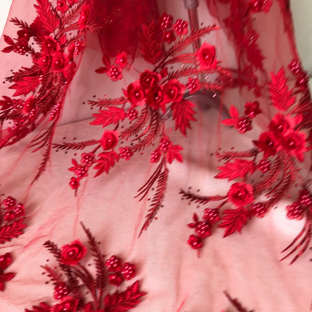 Red 3D Flower Lace Appliques Pearls Beaded Applique Fabric | Etsy