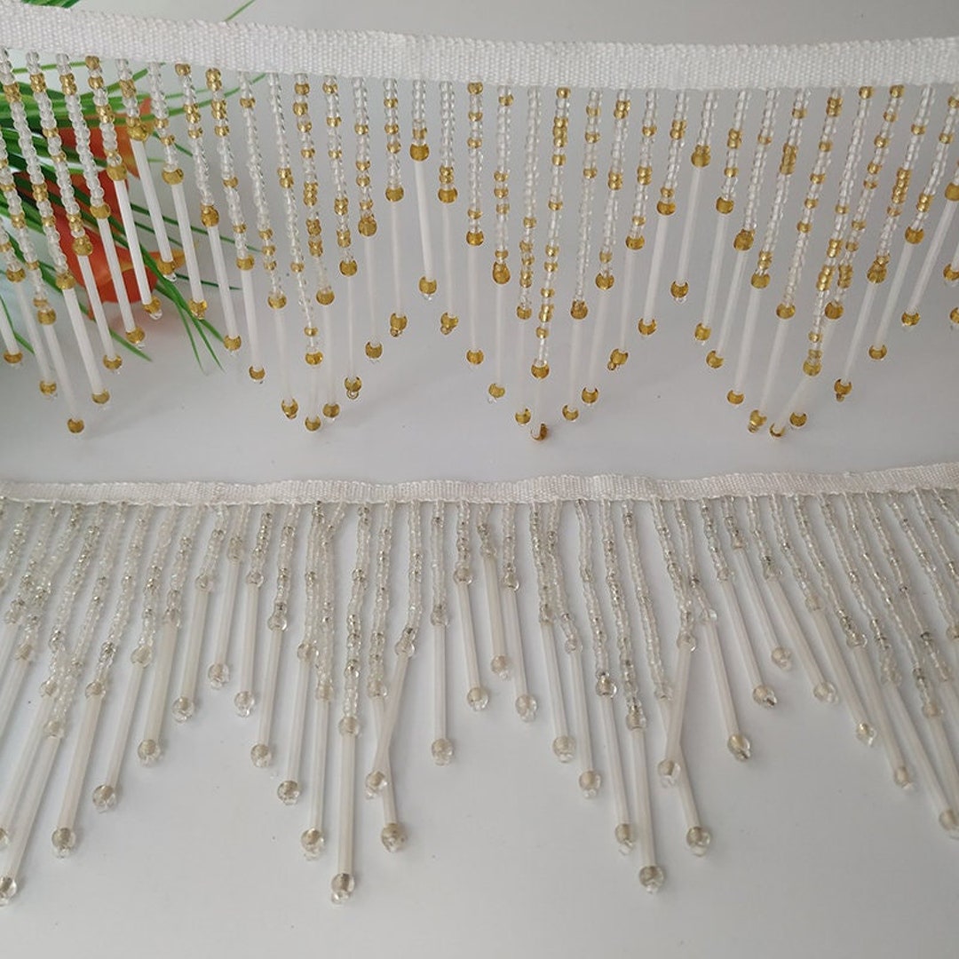 Dangling Pearls Beaded Trim, Tassel Lace Trim, Gold Beads Fringe Trim ...