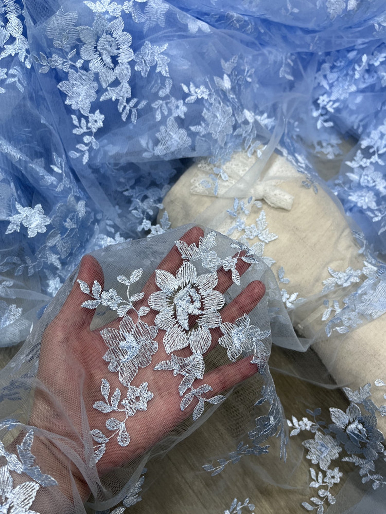 Light Blue Wedding Lace Fabric Sky Blue Flroal Embroidery - Etsy