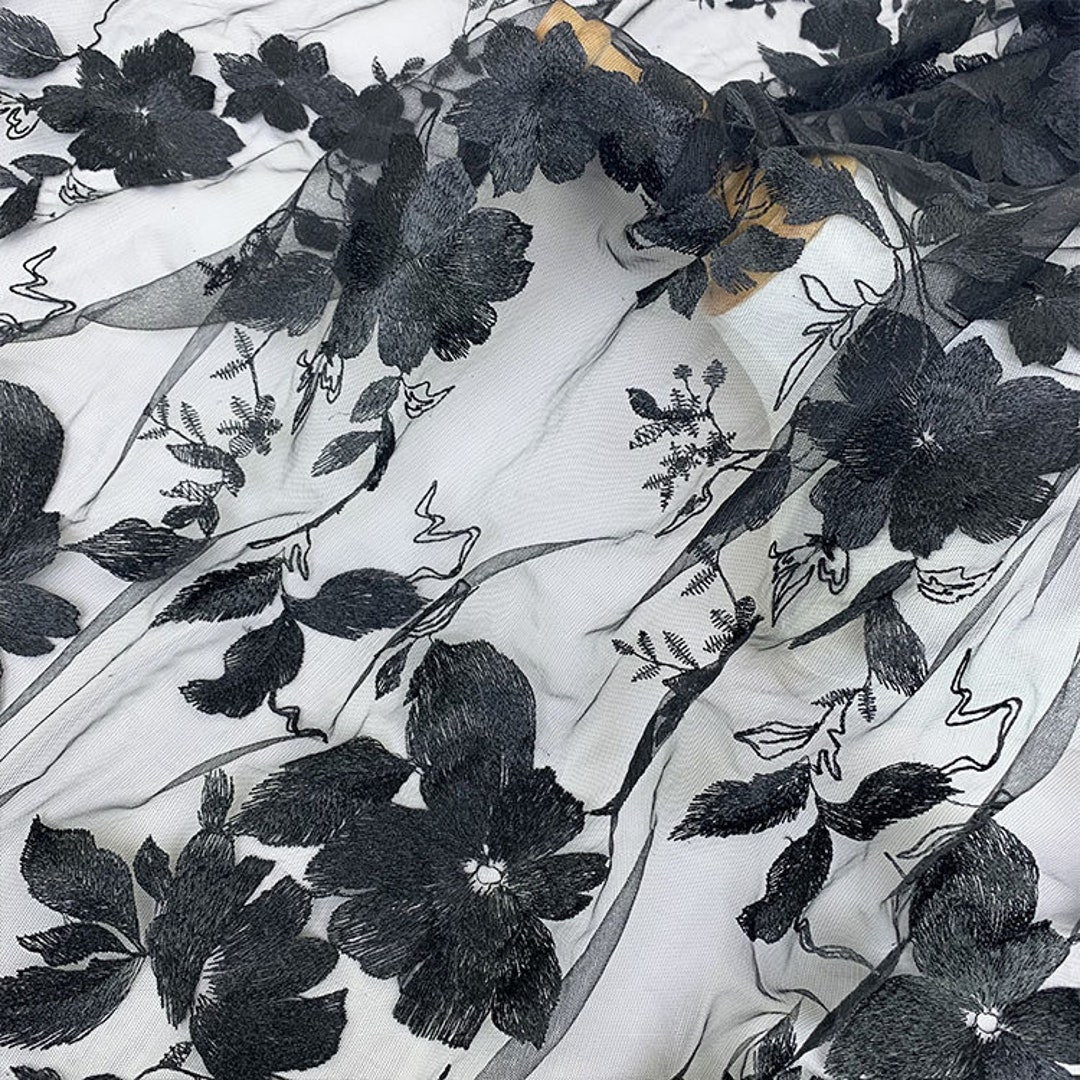 Advanced Black Flowers Embroidery Overlay Lace Fabric, Flower Applique ...
