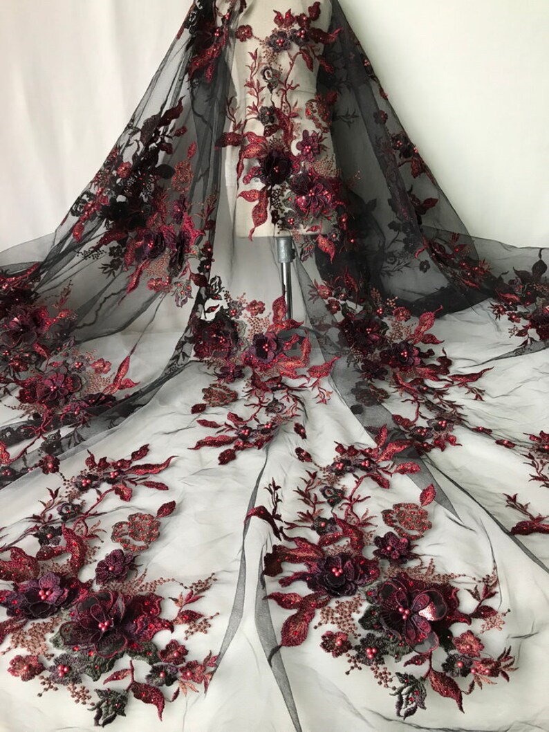 Multicolor lace fabric beaded flower applique 3d layers | Etsy