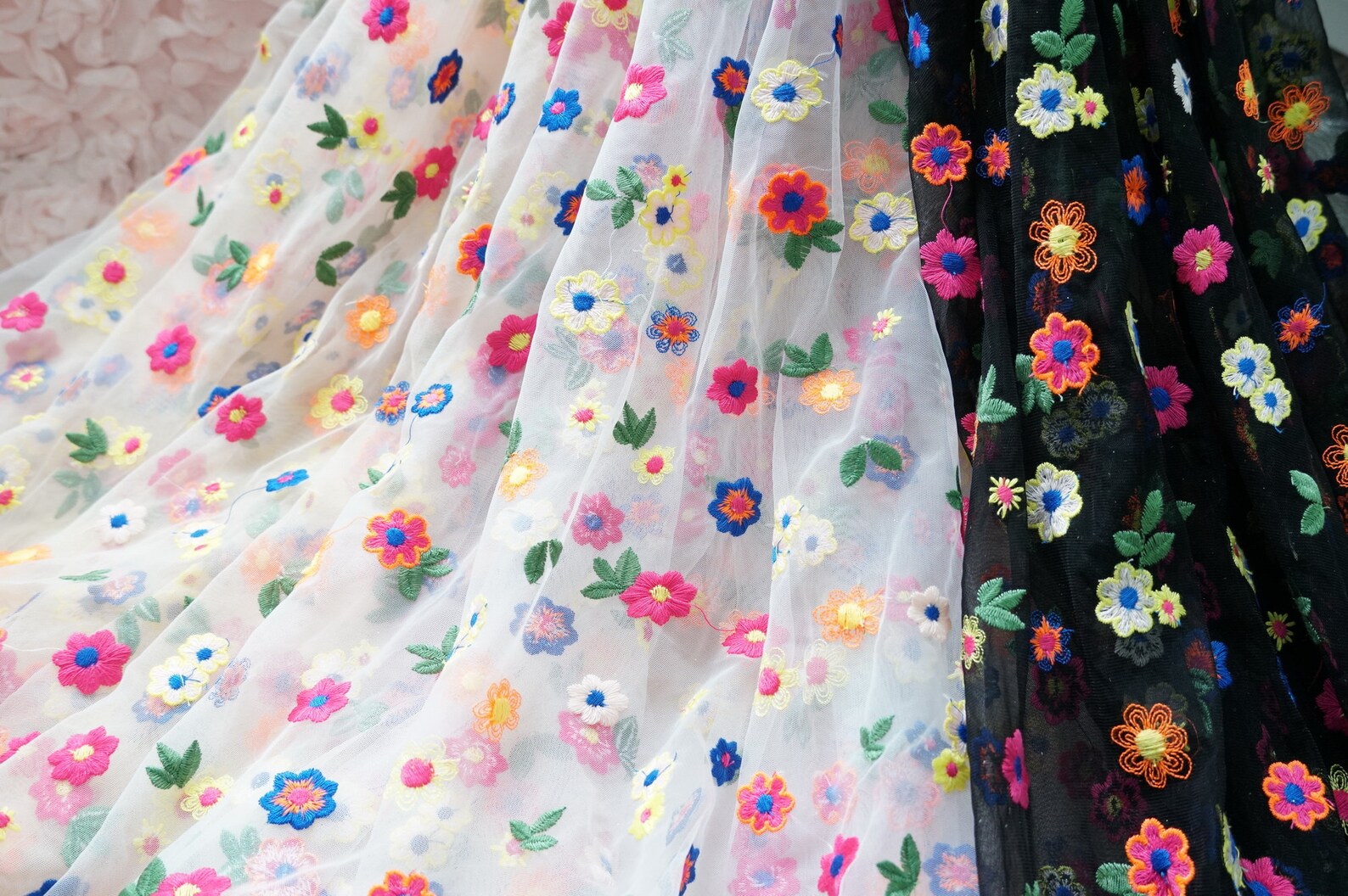 Colorful Flowers Lace Fabric, Soft Tulle Lace Fabric, Embroidered Lace ...