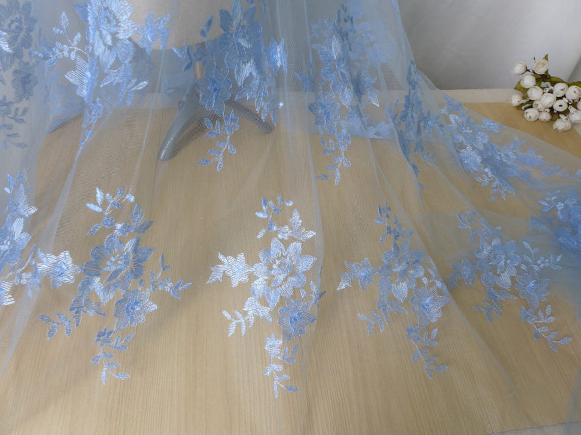 Light Blue Wedding Lace Fabric Sky Blue Flroal Embroidery - Etsy Australia