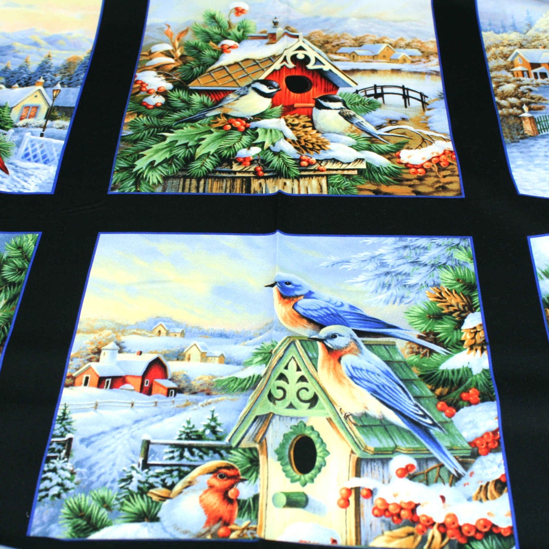 Bluebird Block Panel Winter Song Black by Elizabeth Studio 100% Cotton ...