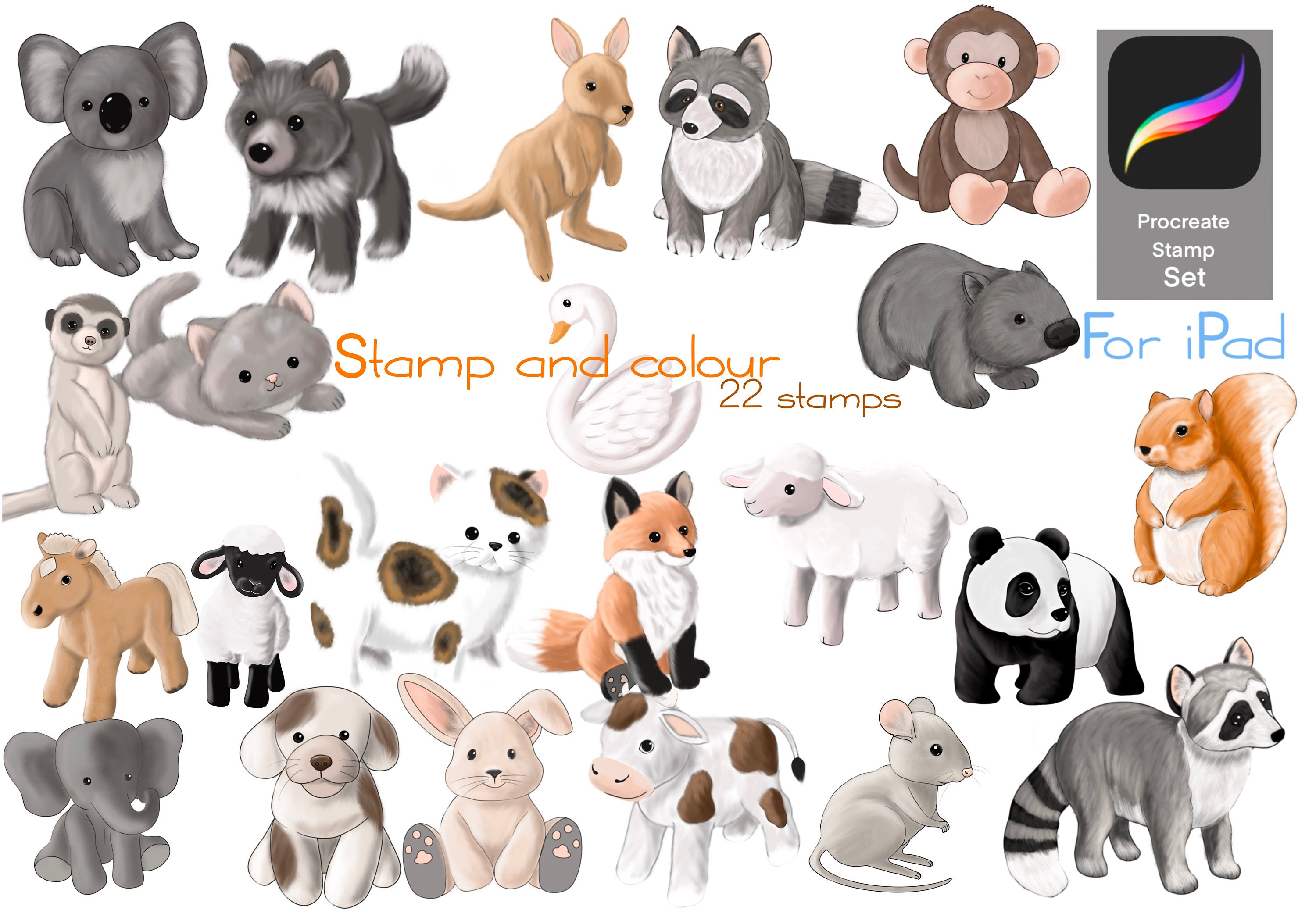 Procreate stamps 22 cute animals stamps for use on IPad | Etsy