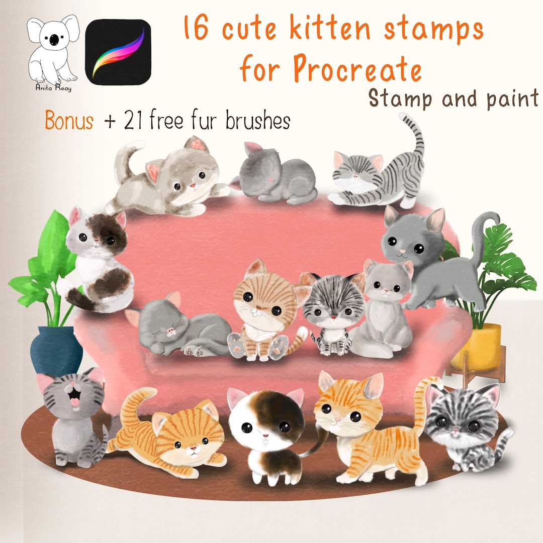 Procreate Stamps 16 Cute Cat Stamps for Use on iPad Bonus 21 Fur ...