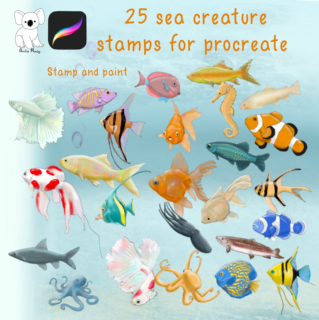 Procreate Stamps - 25 Fish and Sea Creature Stamps for Use on iPad ...