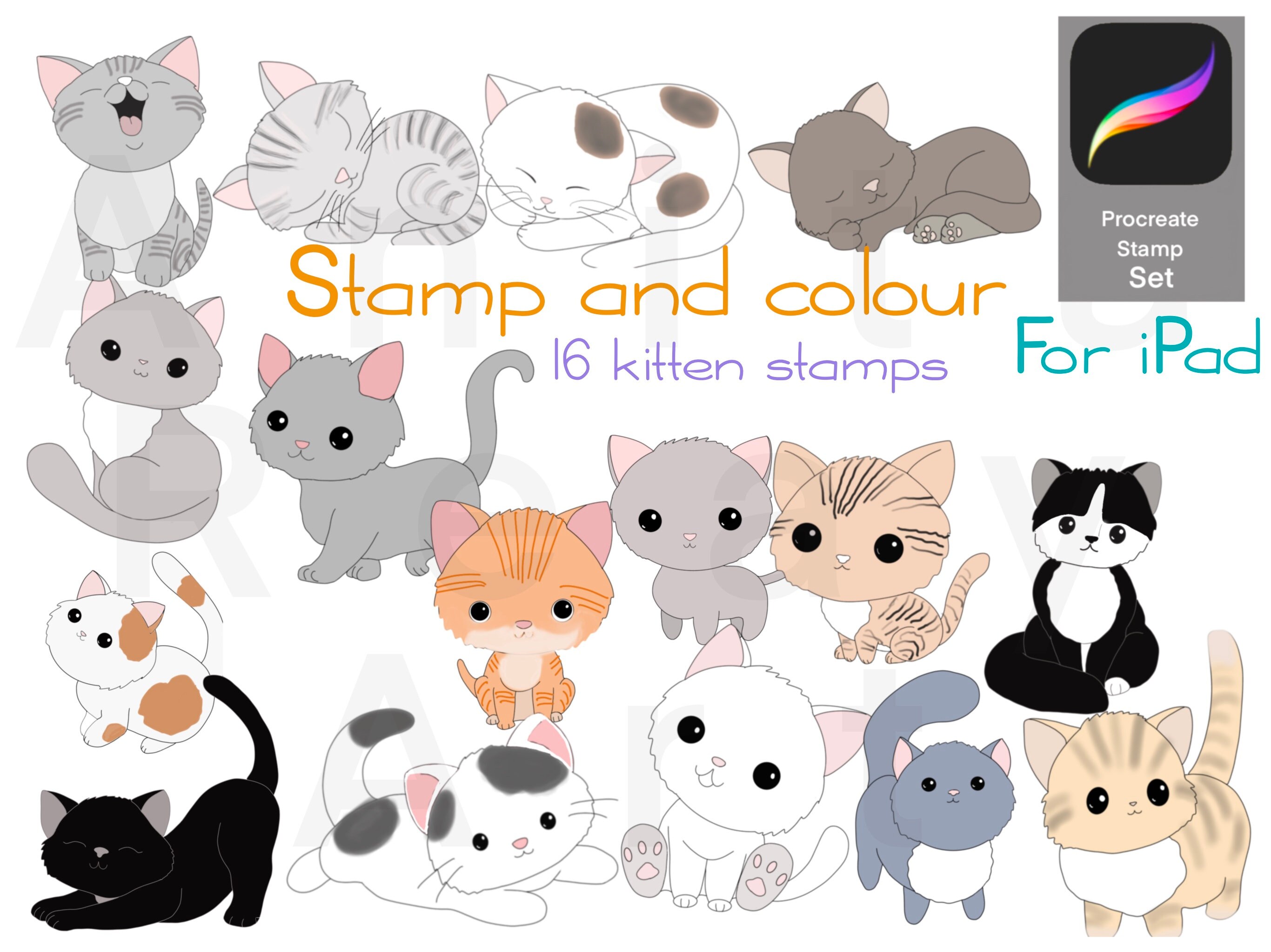 Procreate Stamps 16 Cute Cat Stamps for Use on Ipad - Etsy UK